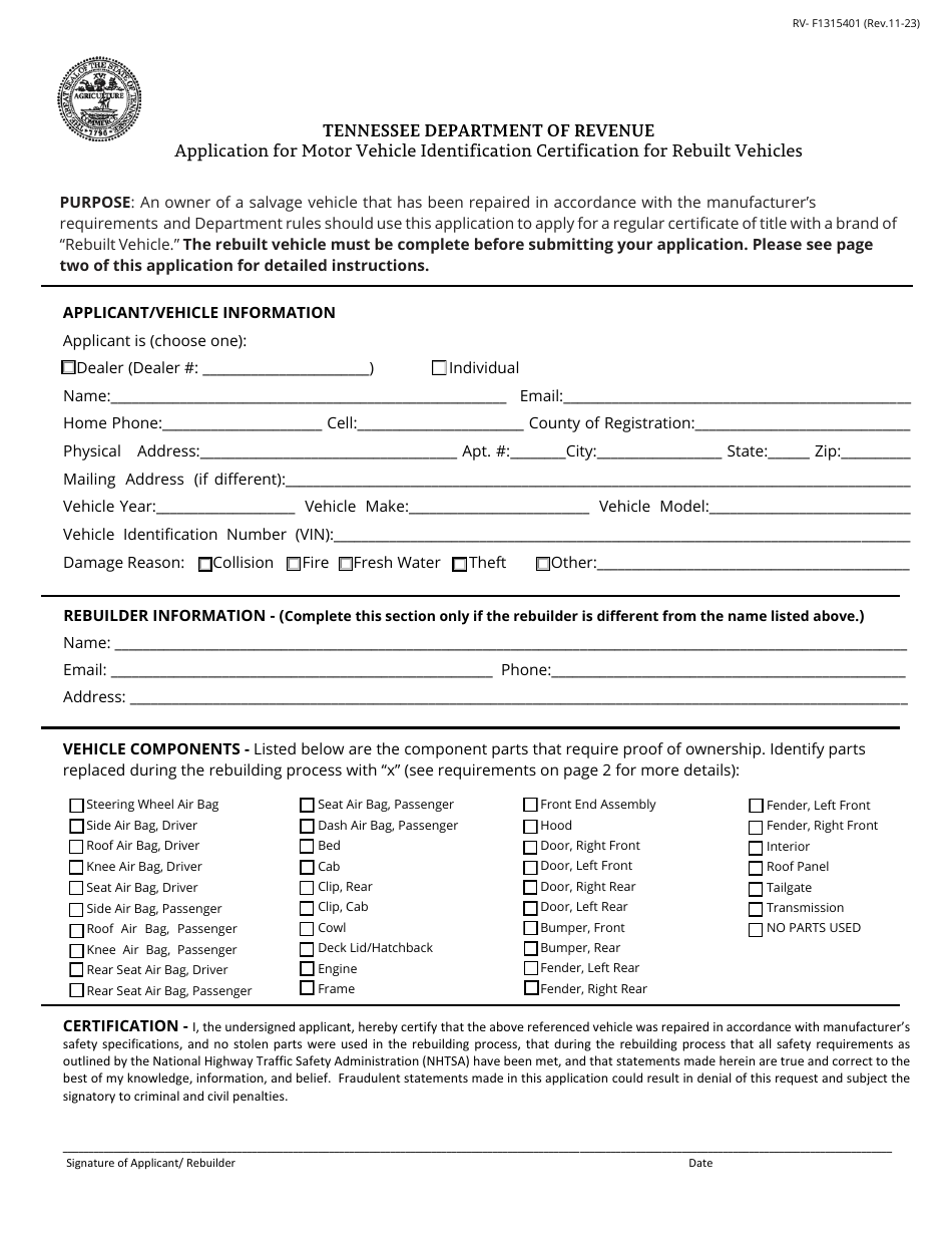 Form RV-F1315401 Download Fillable PDF or Fill Online Application for ...