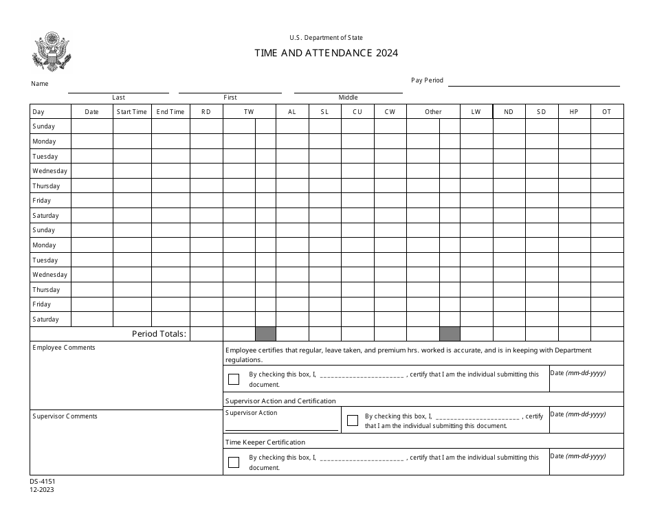 Form DS-4151 Download Fillable PDF or Fill Online Time and Attendance ...