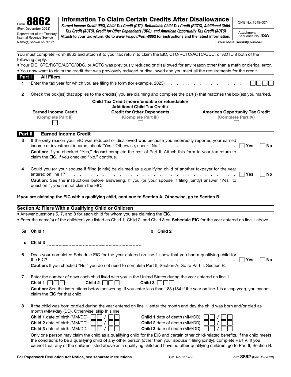 IRS Form 8862 Download Fillable PDF or Fill Online Information to Claim ...