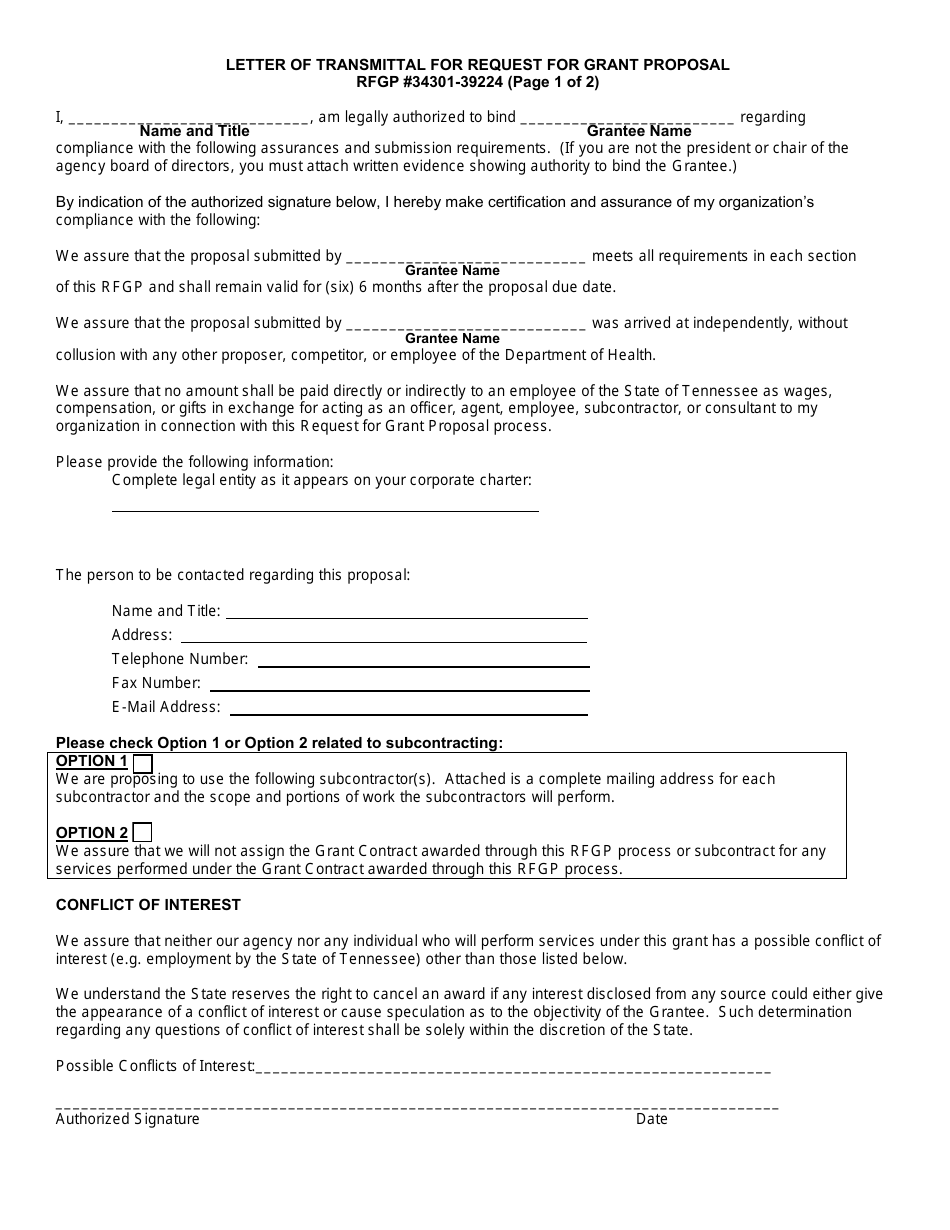 Tennessee Letter of Transmittal for Request for Grant Proposal - Rfgp ...