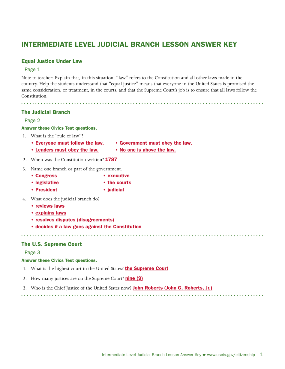 Judicial Branch - Intermediate Level Lesson Answer Key - Fill Out, Sign ...