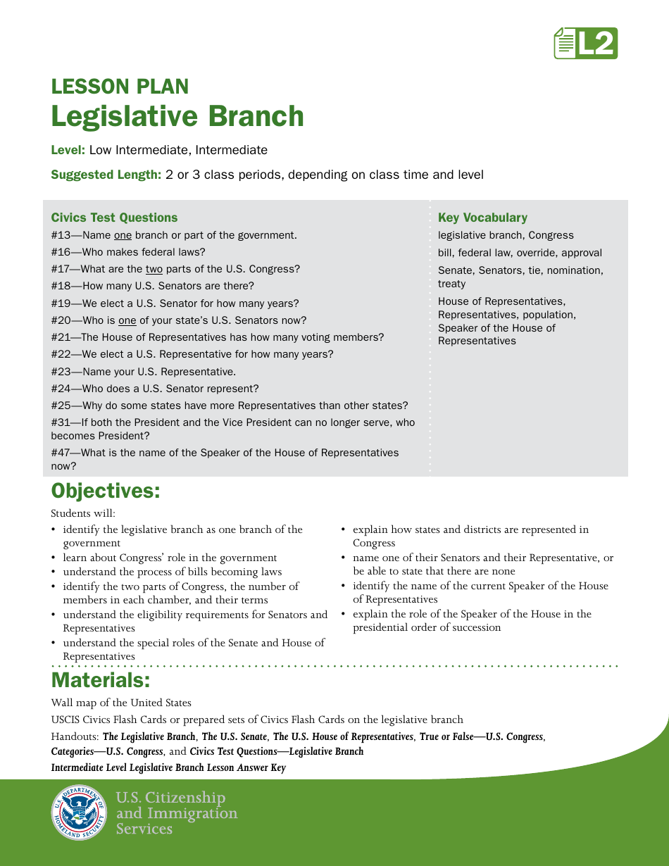 Legislative Branch - Intermediate Level Lesson Plan - Fill Out, Sign ...