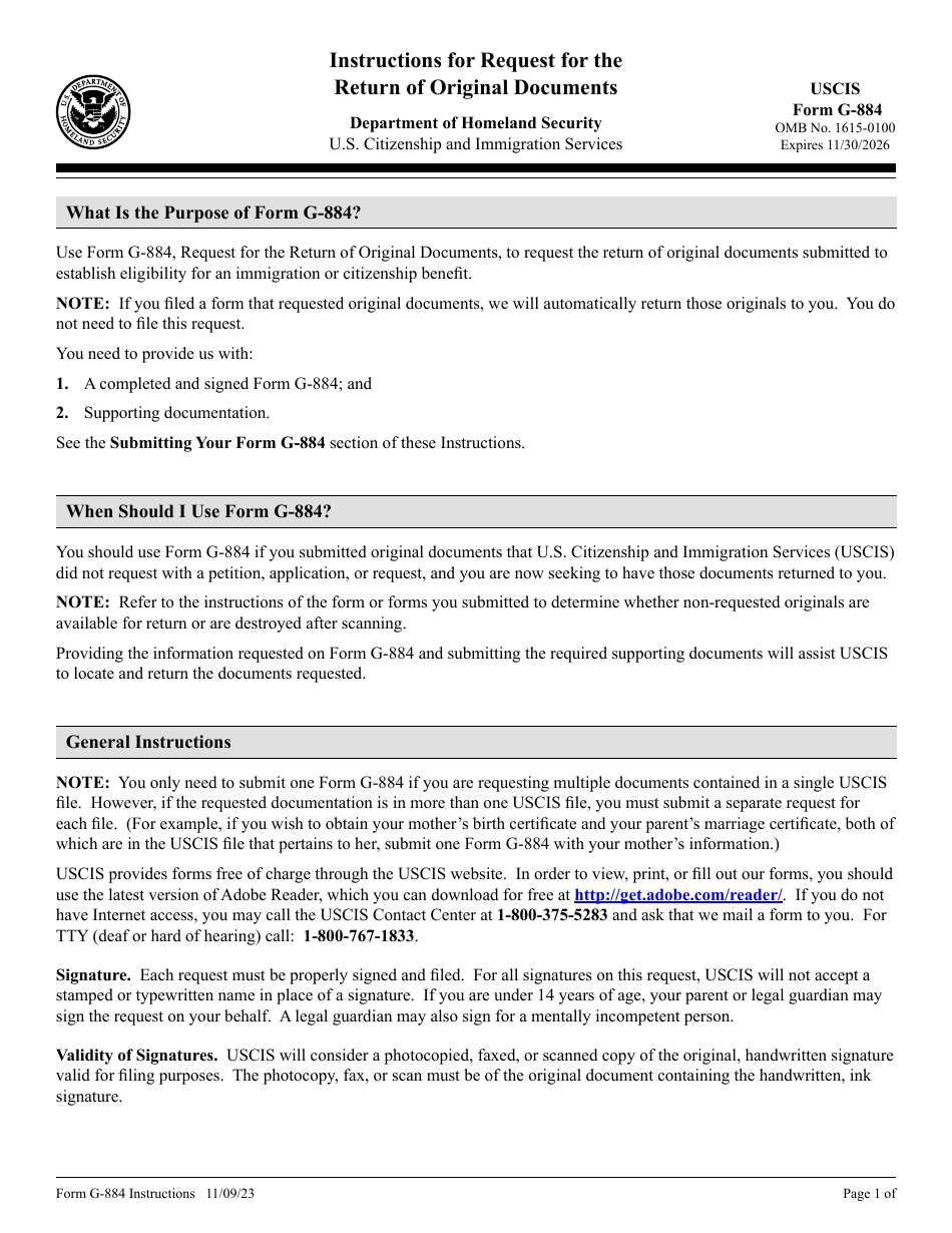 Download Instructions for USCIS Form G-884 Request for the Return of ...
