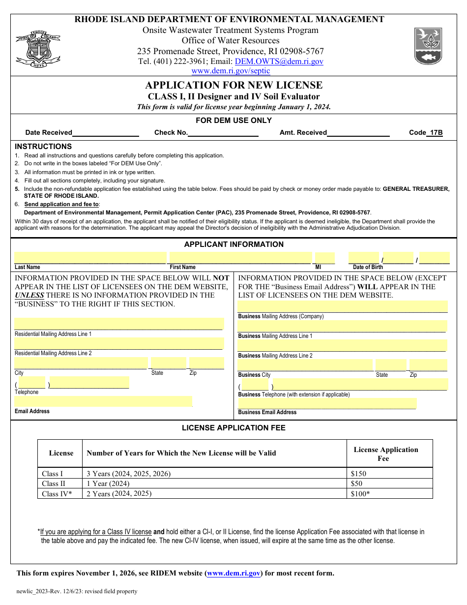 Rhode Island Application for New License - Class I, II Designer and IV ...