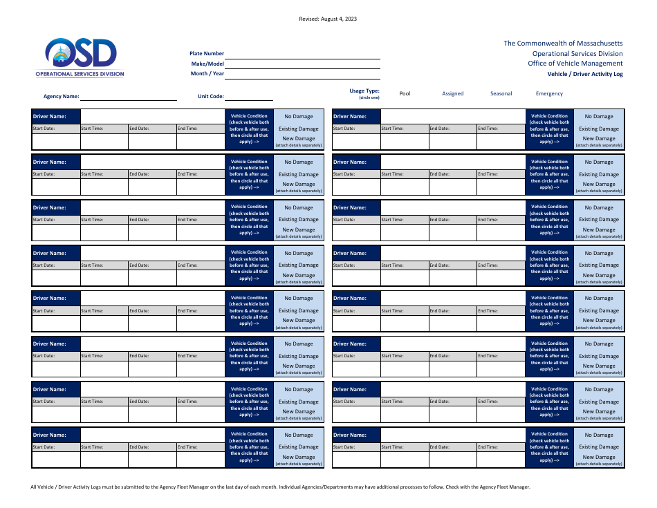 Massachusetts Vehicle/Driver Activity Log - Fill Out, Sign Online and ...