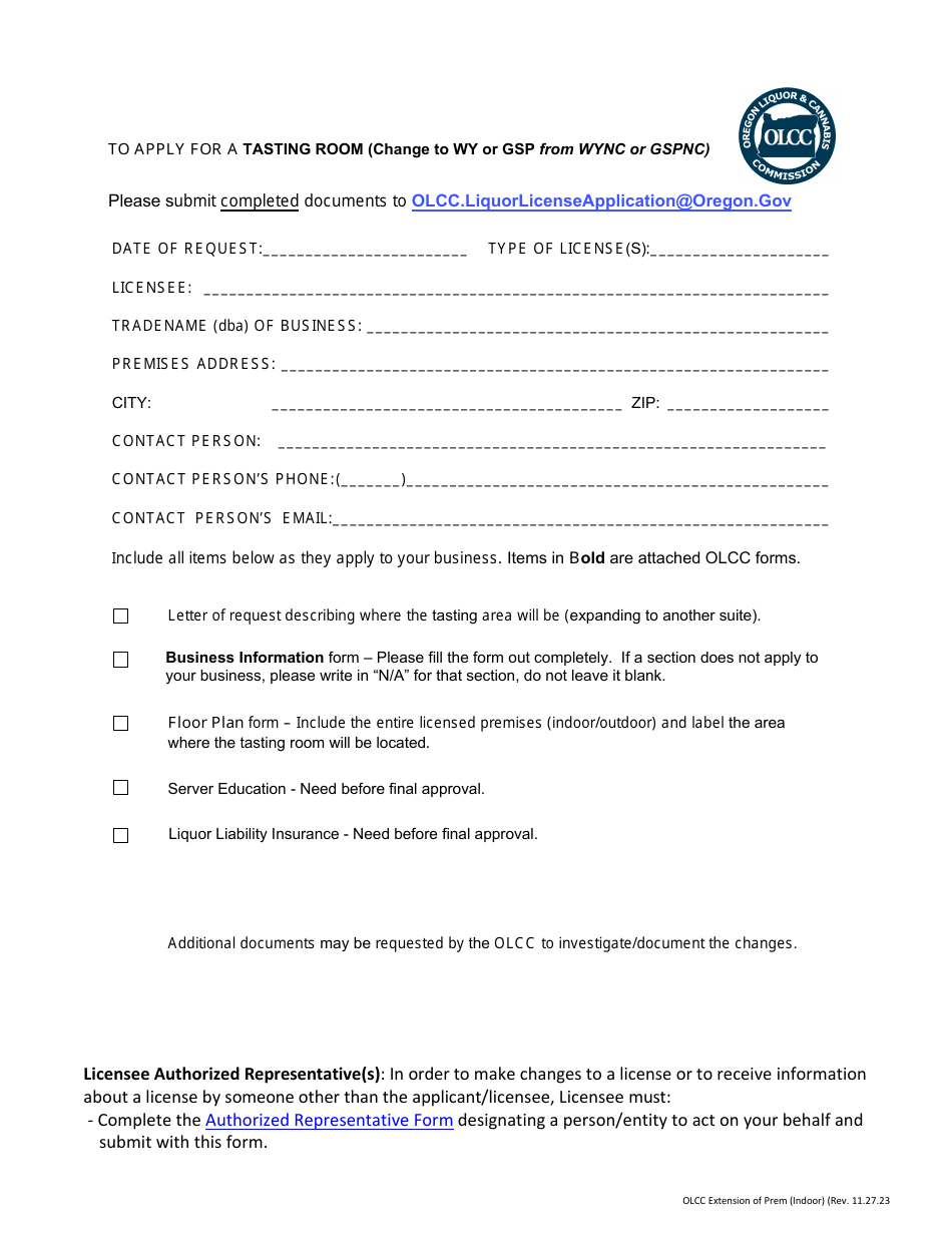 Oregon Tasting Room - Change to Wy or Gsp From Wync or Gspnc - Fill Out ...