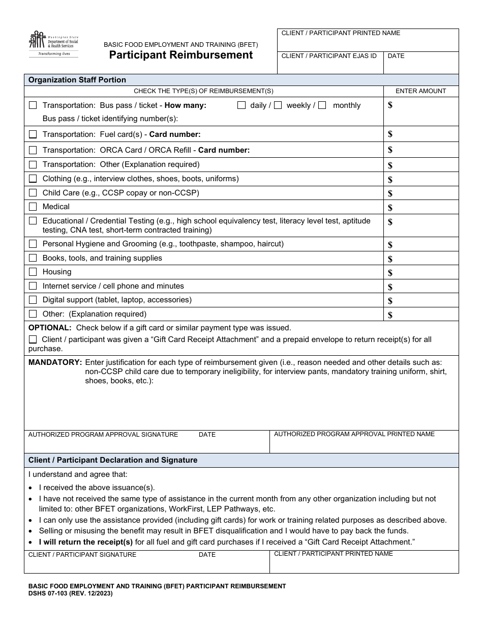 DSHS Form 07-103 Download Printable PDF or Fill Online Basic Food ...
