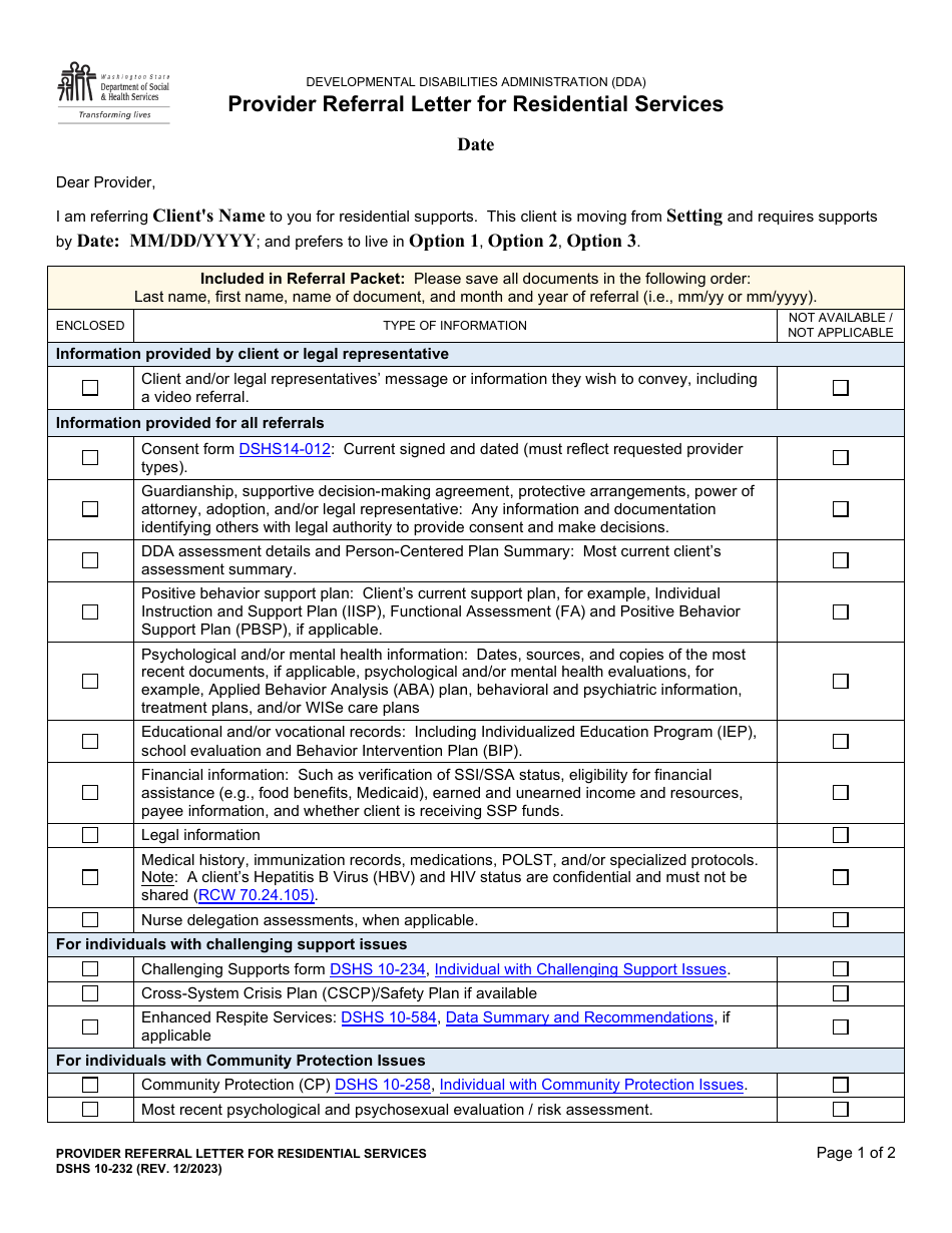 DSHS Form 10-232 - Fill Out, Sign Online and Download Printable PDF ...