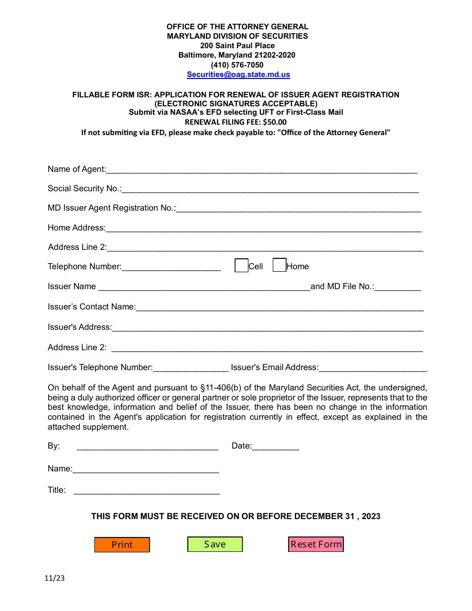 Maryland Application for Renewal of Issuer Agent Registration - Fill ...