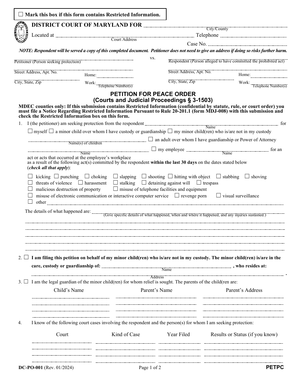 Form DC-PO-001 Download Fillable PDF or Fill Online Petition for Peace ...