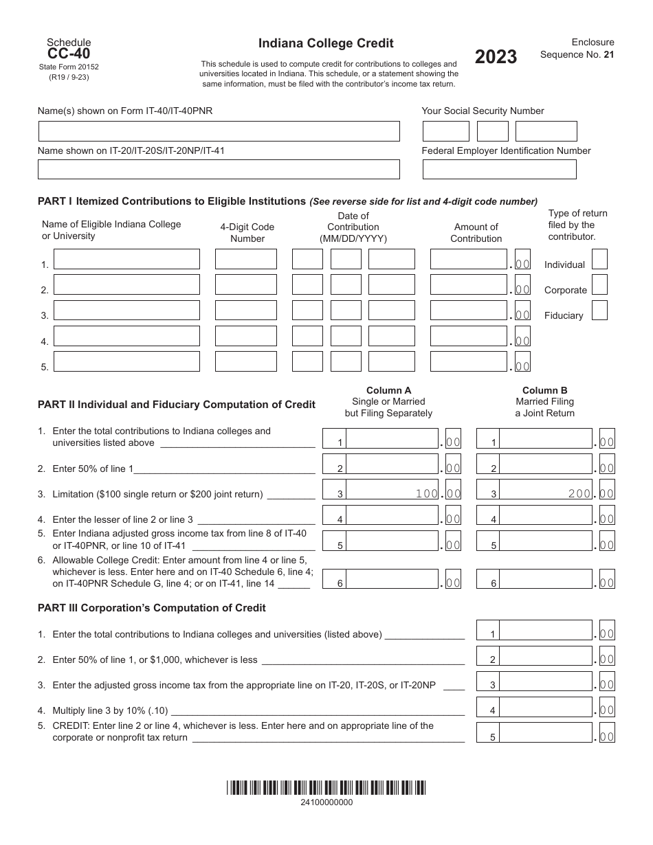 State Form 20152 Schedule Cc 40 Download Fillable Pdf Or Fill Online