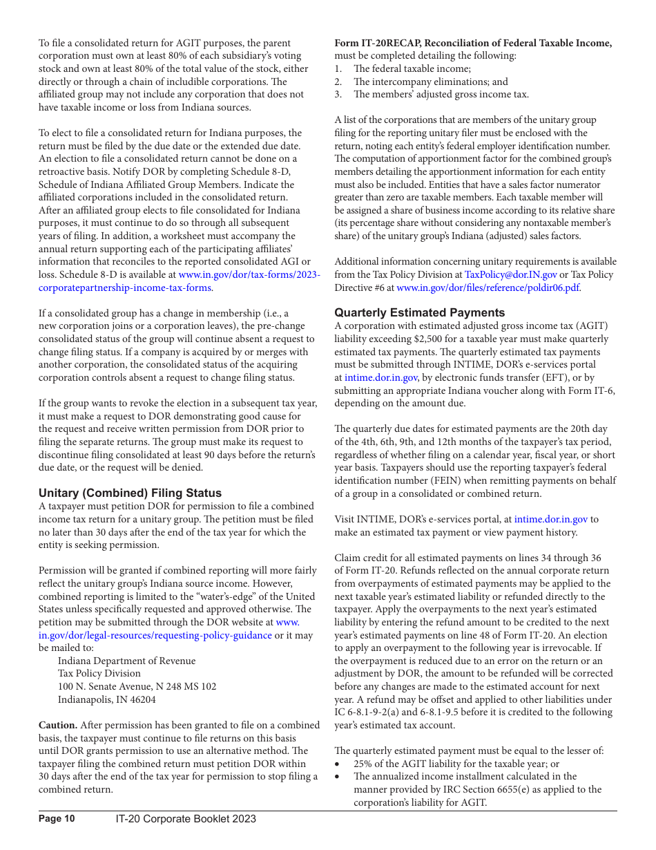 Download Instructions for Form IT-20, State Form 44275 Indiana ...