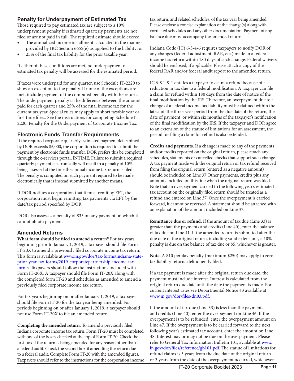 Download Instructions for Form IT-20, State Form 44275 Indiana ...