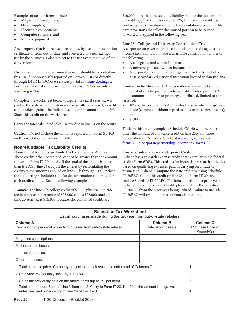 Download Instructions for Form IT-20, State Form 44275 Indiana ...