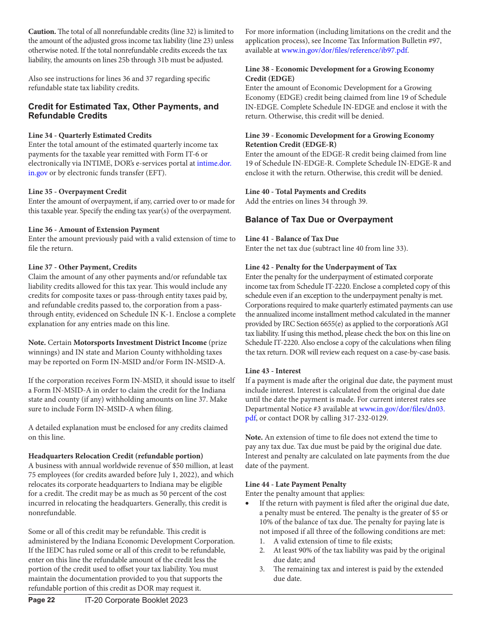 Download Instructions for Form IT-20, State Form 44275 Indiana ...