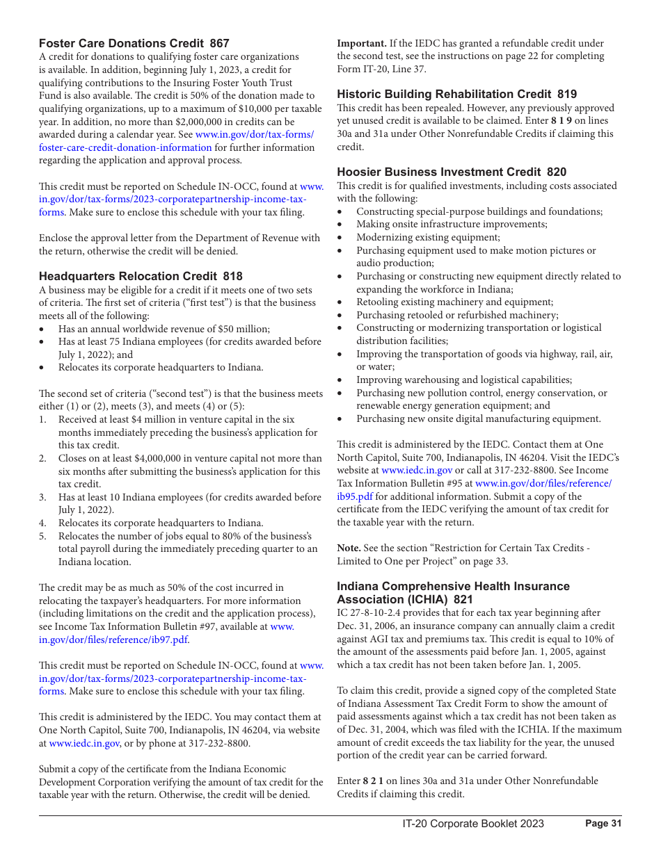 Download Instructions for Form IT-20, State Form 44275 Indiana ...