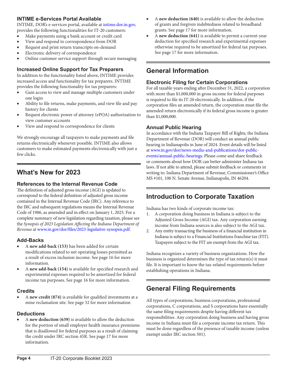 Download Instructions for Form IT-20, State Form 44275 Indiana ...
