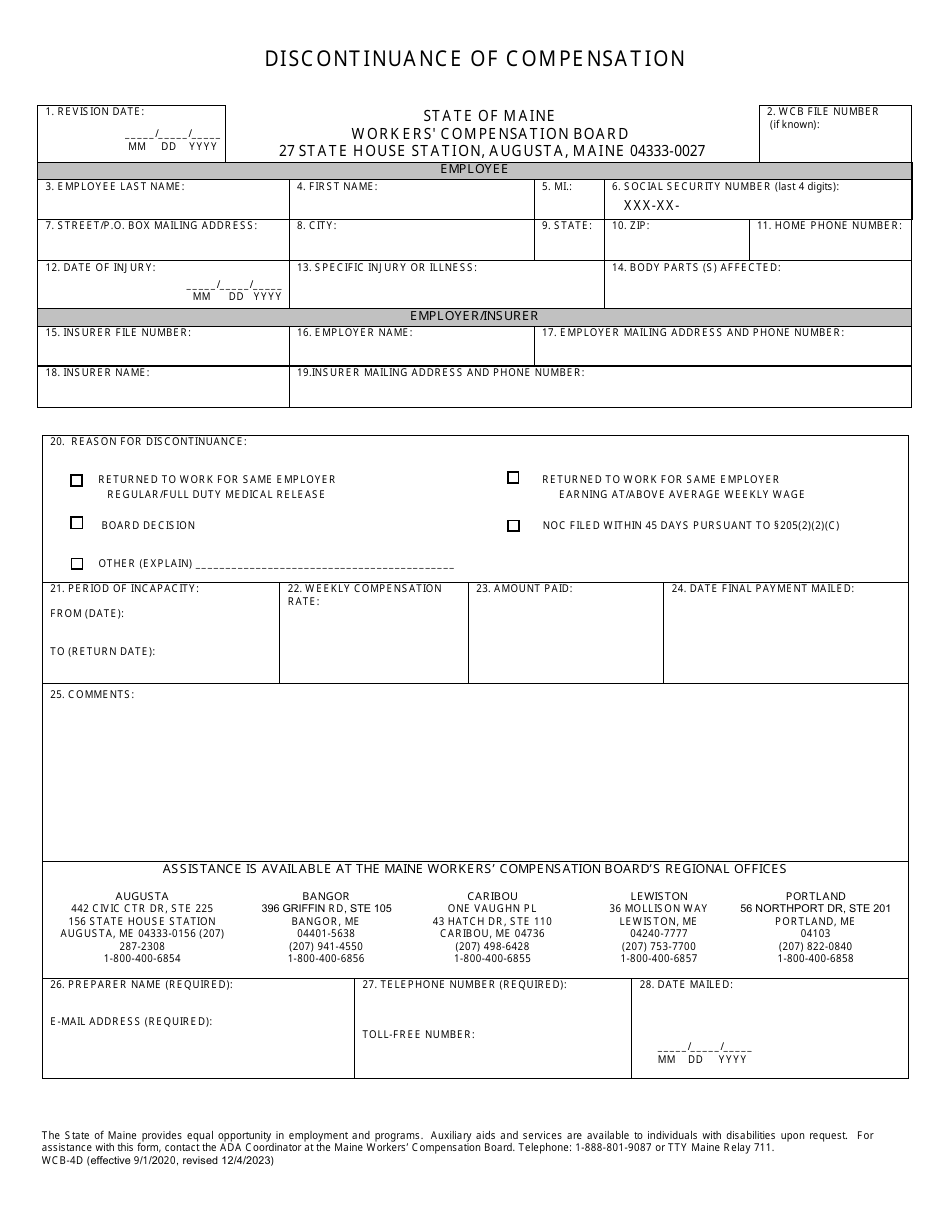 Form WCB-4D Download Fillable PDF or Fill Online Discontinuance of ...