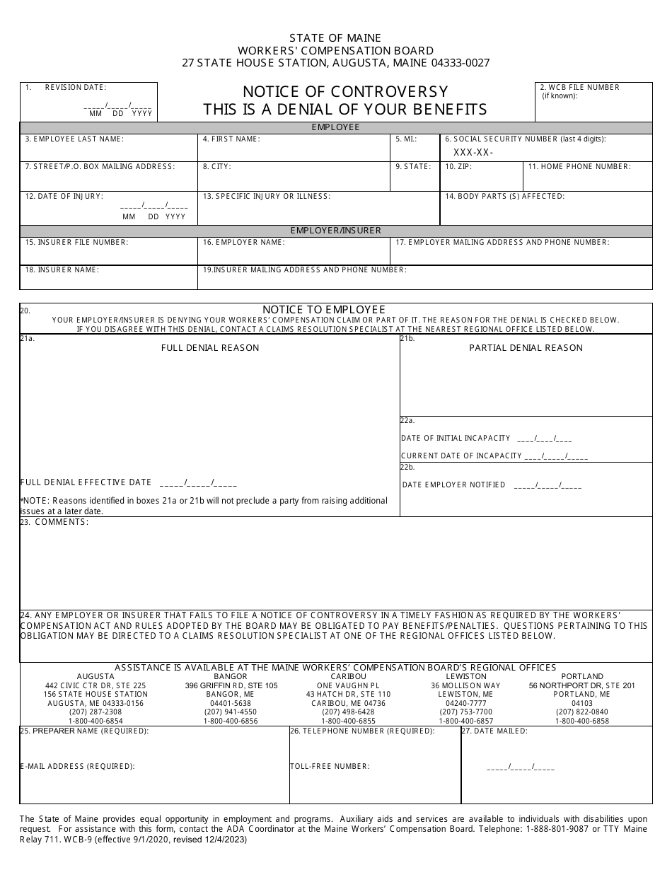 Form WCB-9 Download Fillable PDF or Fill Online Notice of Controversy ...