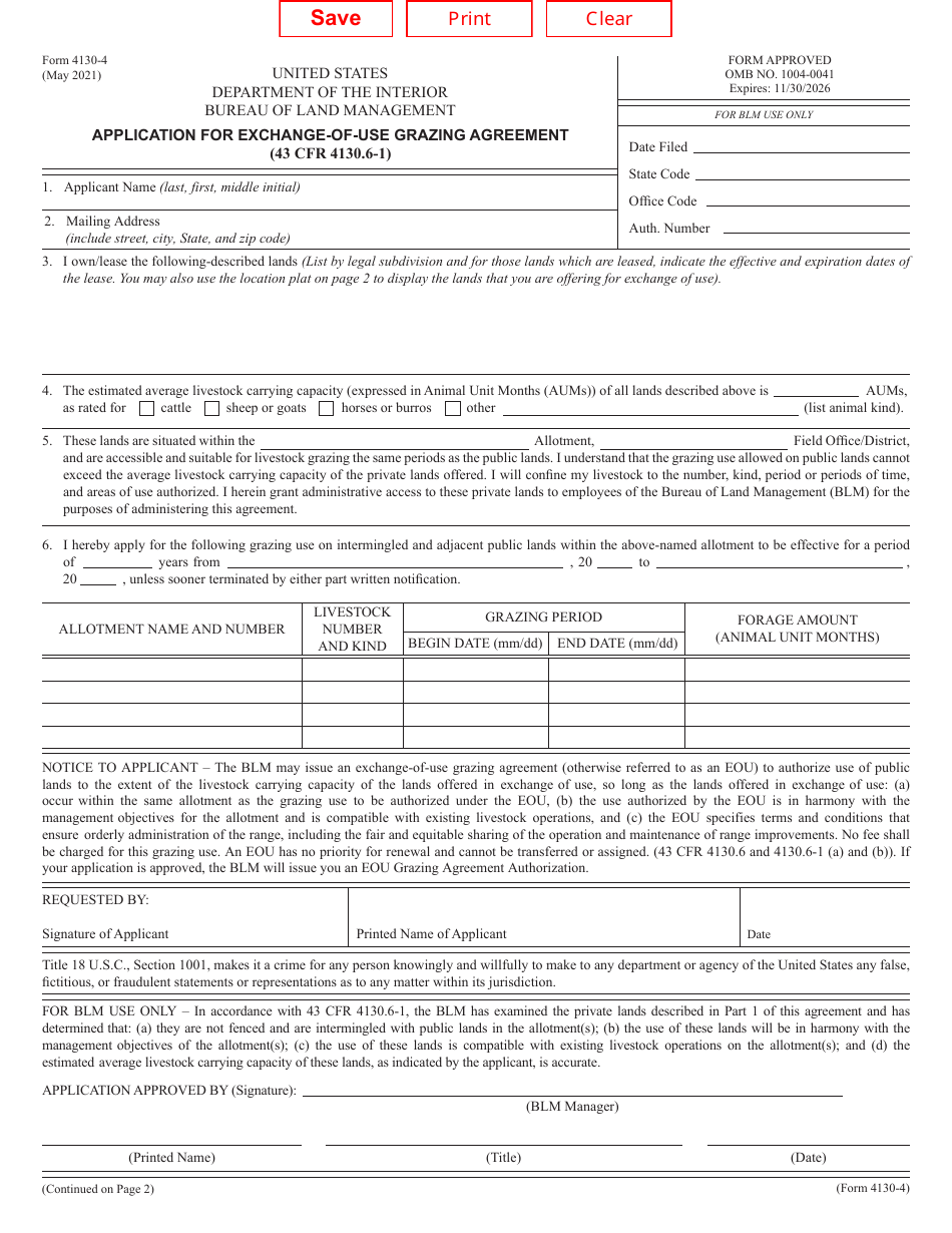 BLM Form 4130-4 Download Fillable PDF or Fill Online Application for ...