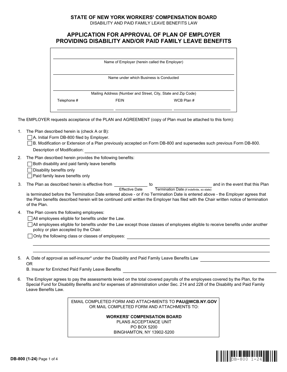 Form DB-800 Download Fillable PDF or Fill Online Application for Approval of Plan of Employer ...