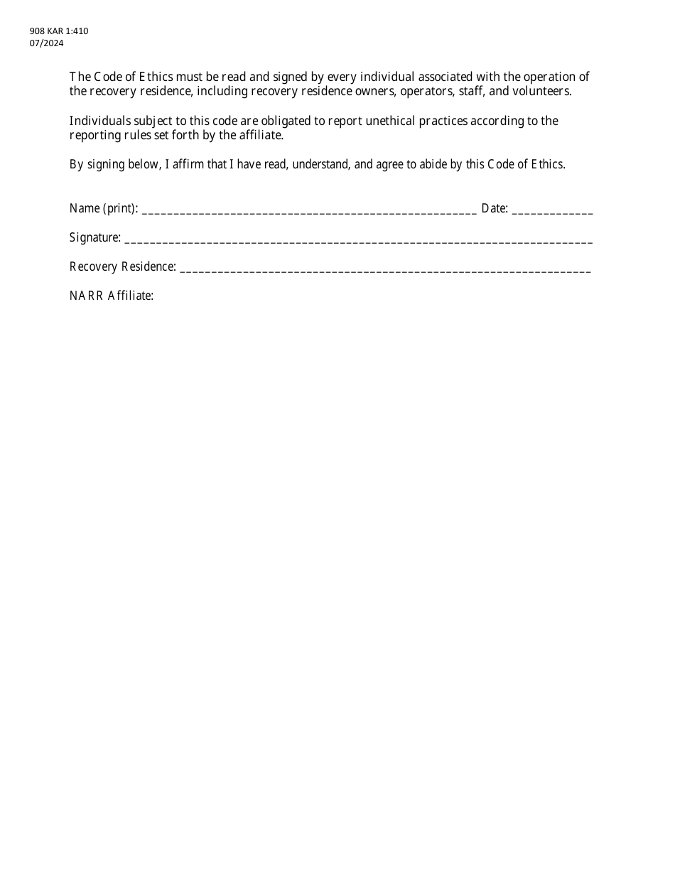 Kentucky Code Of Ethics Kentucky Recovery Housing Fill Out Sign