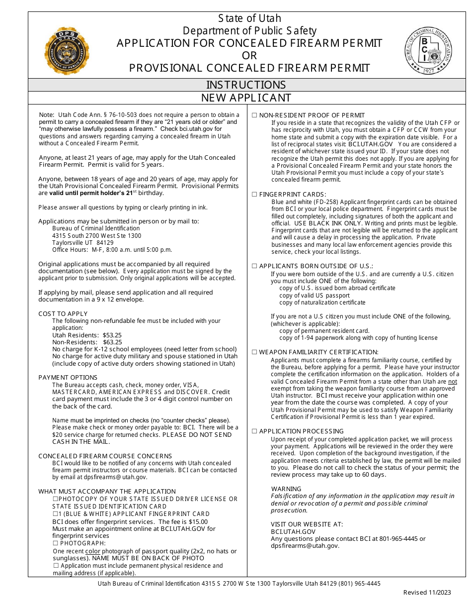 Utah Application for Concealed Firearm Permit or Provisional Concealed ...
