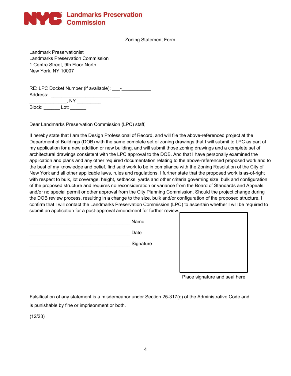 New York City Zoning Statement Form Download Fillable PDF 2023 — 2025 ...