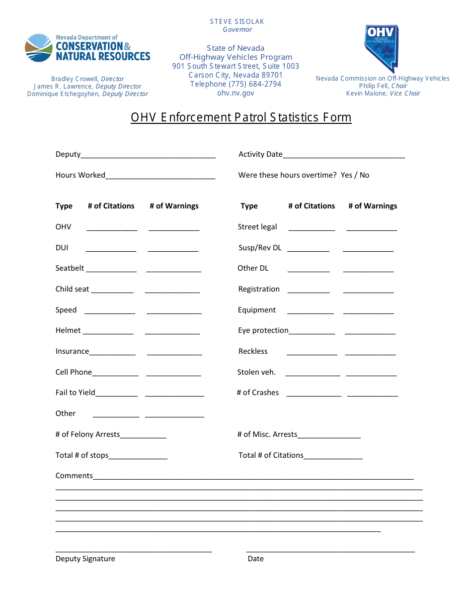 Nevada OHV Enforcement Patrol Statistics Form - Off-Highway Vehicles ...