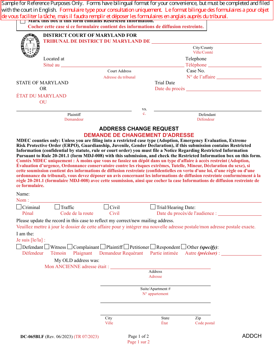 Form DC-065BLF - Fill Out, Sign Online and Download Printable PDF, Maryland (English/French ...