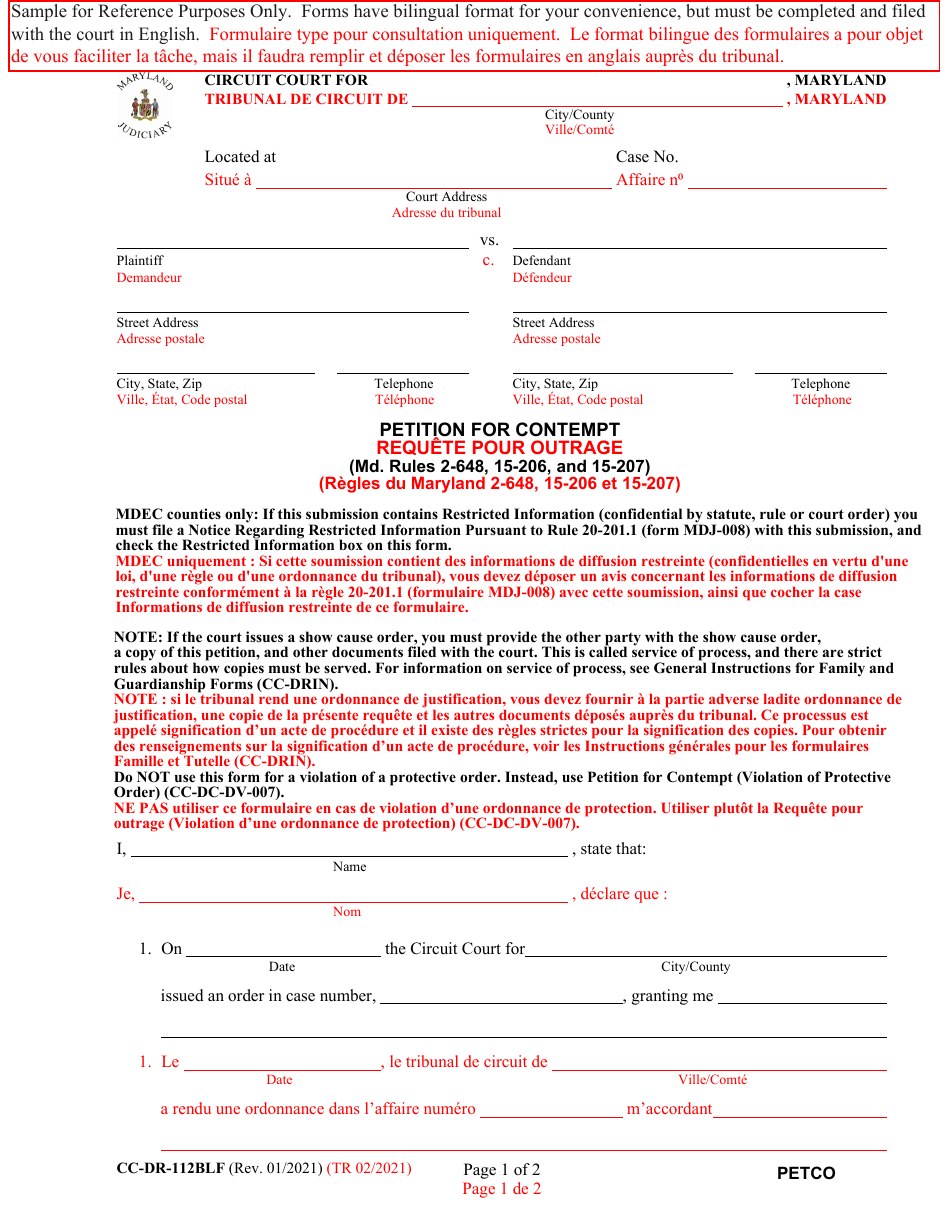 Form CC-DR-112BLF - Fill Out, Sign Online and Download Fillable PDF, Maryland (English/French ...