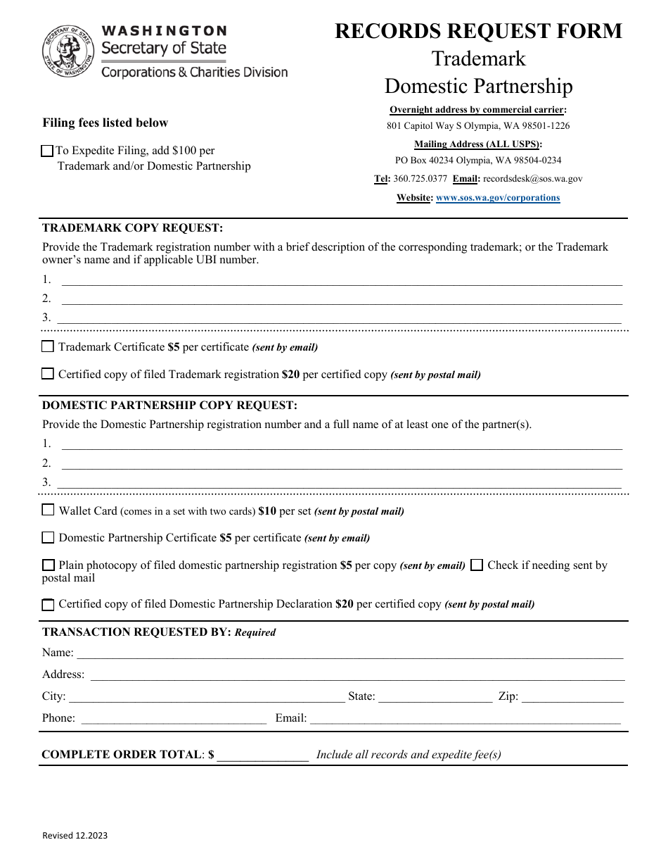 Washington Records Request Form - Trademark/Domestic Partnership ...