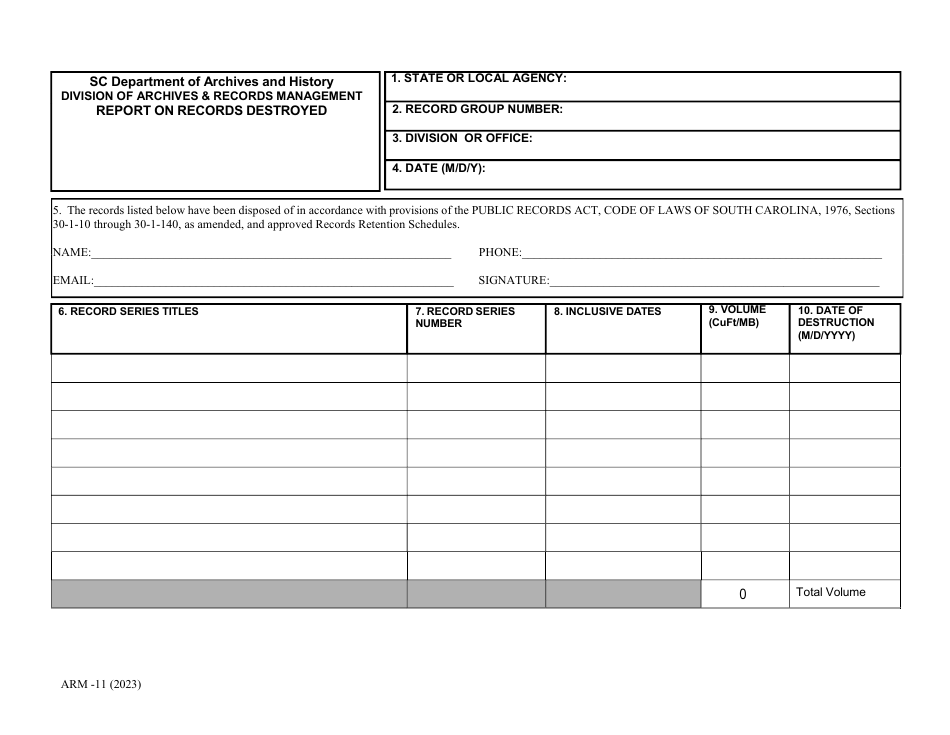 Form ARM-11 Download Fillable PDF or Fill Online Report on Records ...
