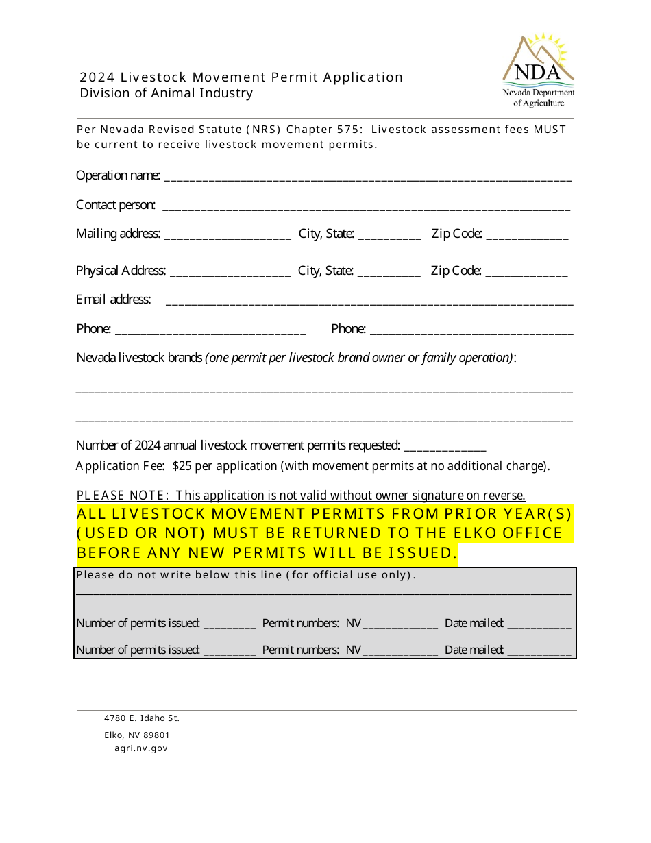 2024 Nevada Livestock Movement Permit Application Download Printable ...