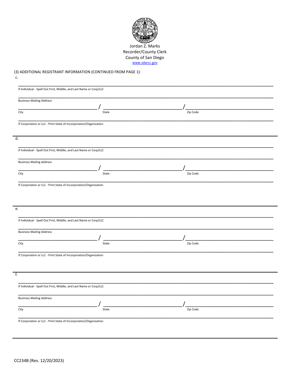 Form CC234B Download Fillable PDF or Fill Online Fbn Additional ...