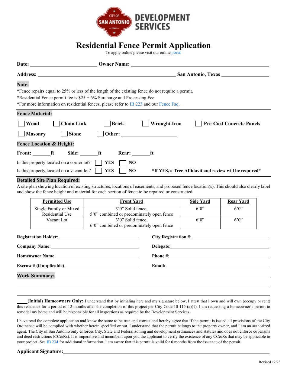 City of San Antonio, Texas Residential Fence Permit Application ...