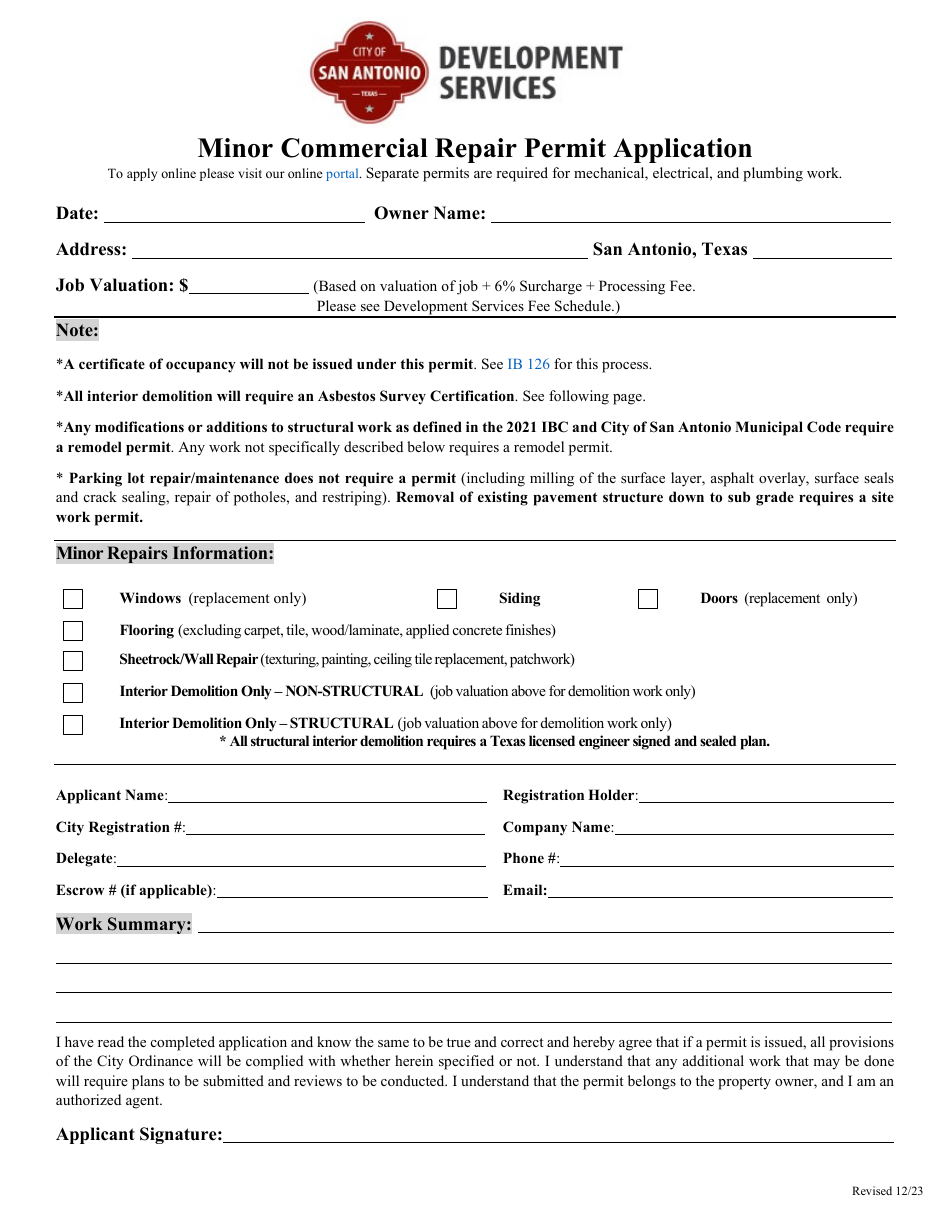 City of San Antonio, Texas Minor Commercial Repair Permit Application ...