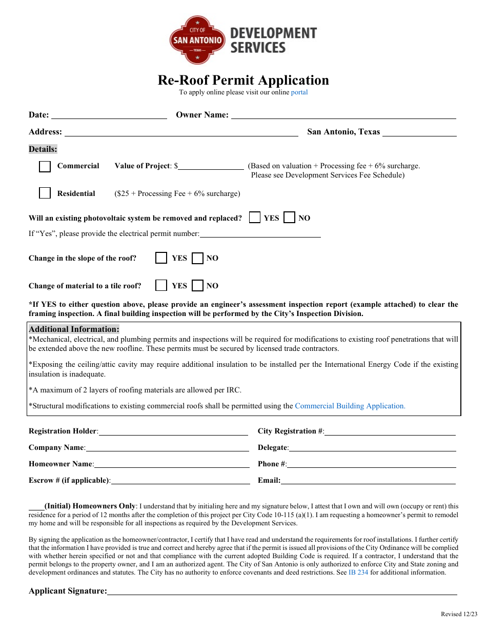 City of San Antonio, Texas Re-roof Permit Application - Fill Out, Sign ...
