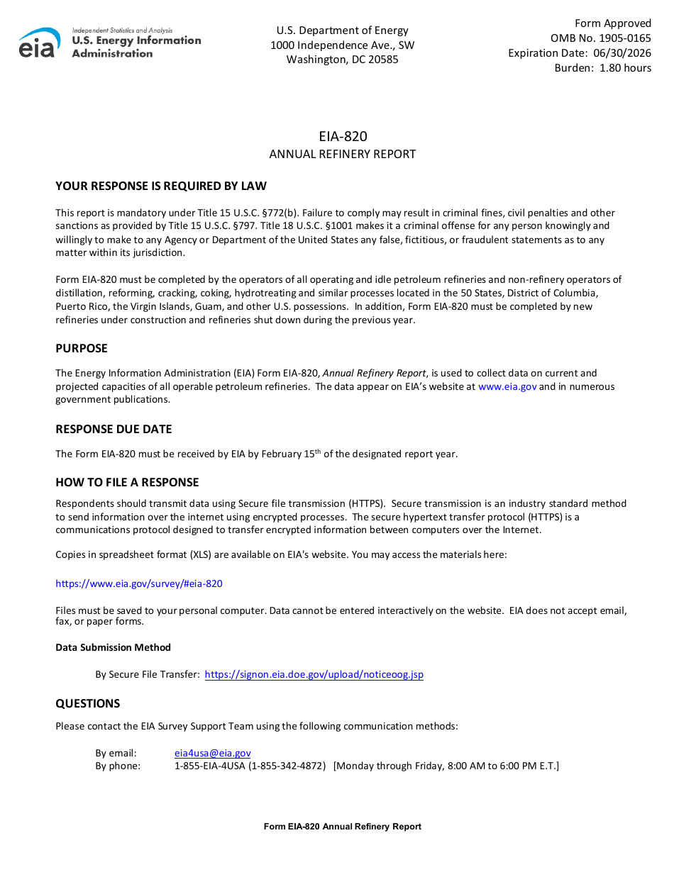 Download Instructions for Form EIA-820 Annual Refinery Report PDF ...