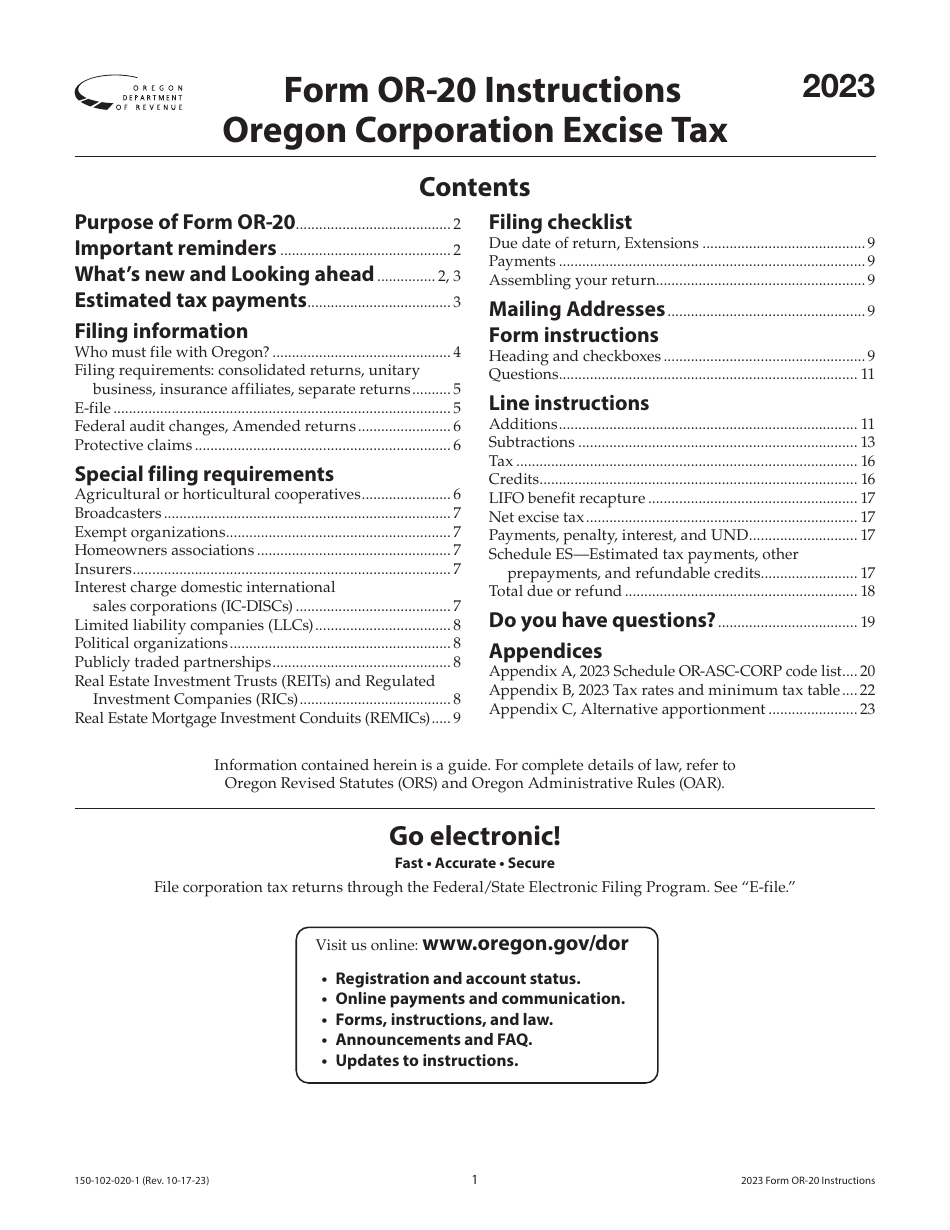 Download Instructions for Form OR-20, 150-102-020 Oregon Corporation ...