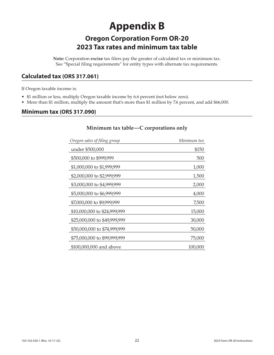 Download Instructions for Form OR-20, 150-102-020 Oregon Corporation ...