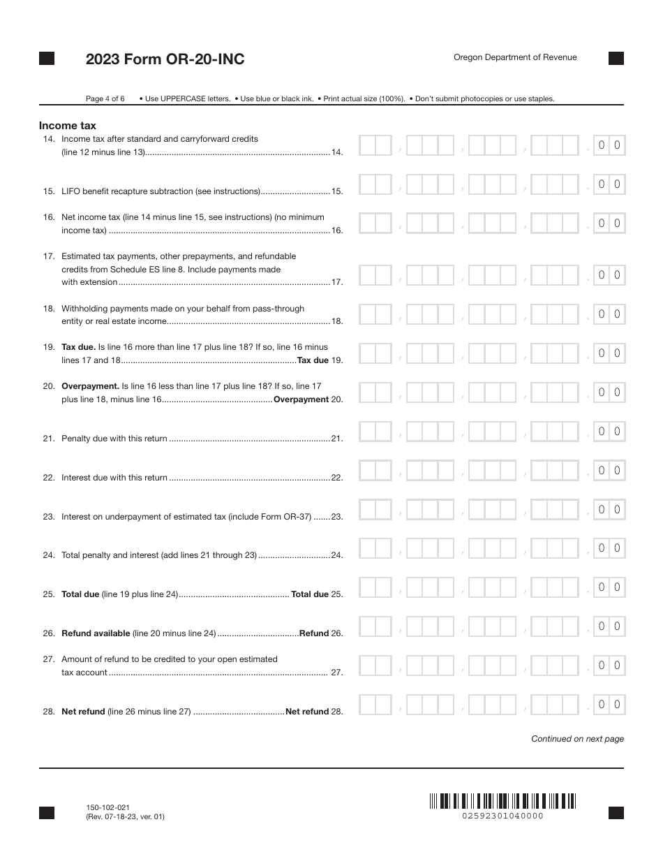 Form 150-102-021 Schedule OR-20-INC - 2023 - Fill Out, Sign Online and Download Fillable PDF ...