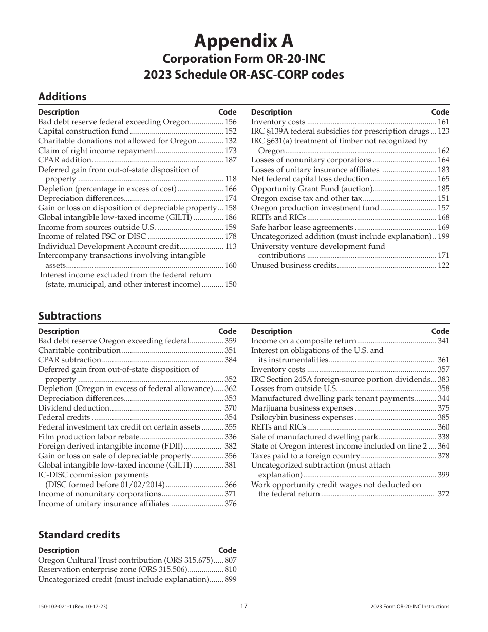 Download Instructions for Form OR-20-INC, 150-102-021 Oregon ...