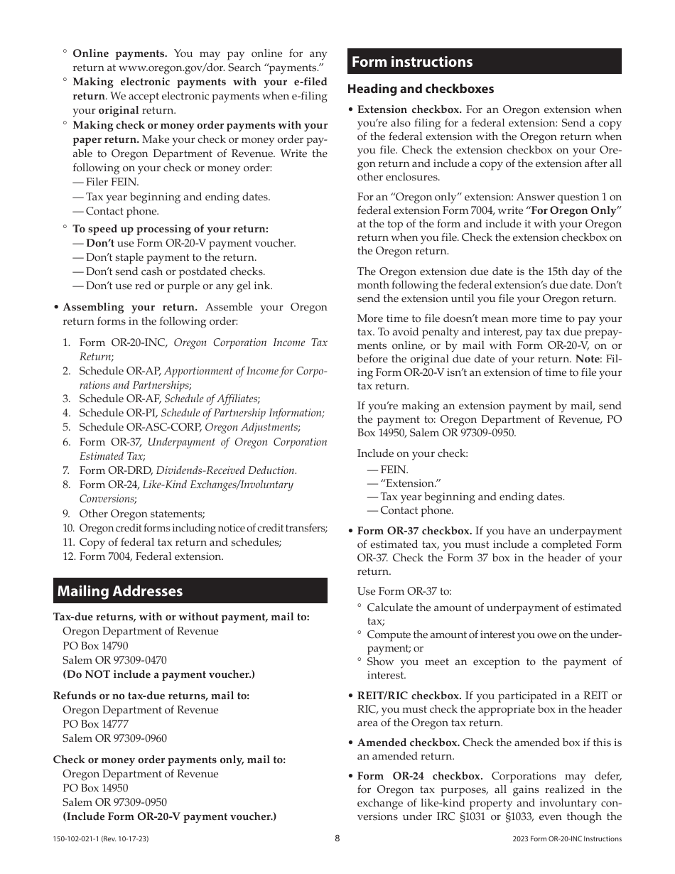 Download Instructions for Form OR-20-INC, 150-102-021 Oregon ...