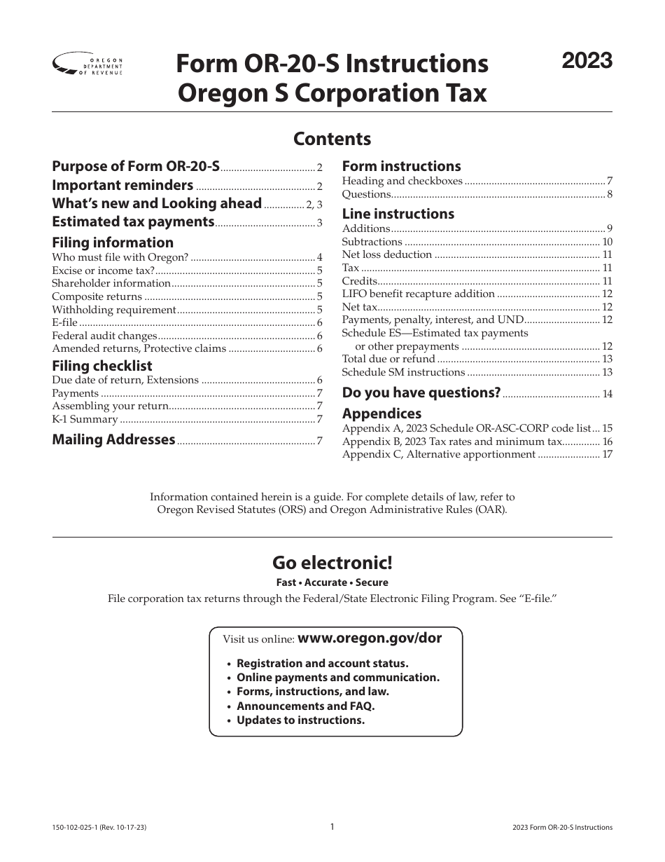 Download Instructions for Form OR-20-S, 150-102-025 Oregon S ...