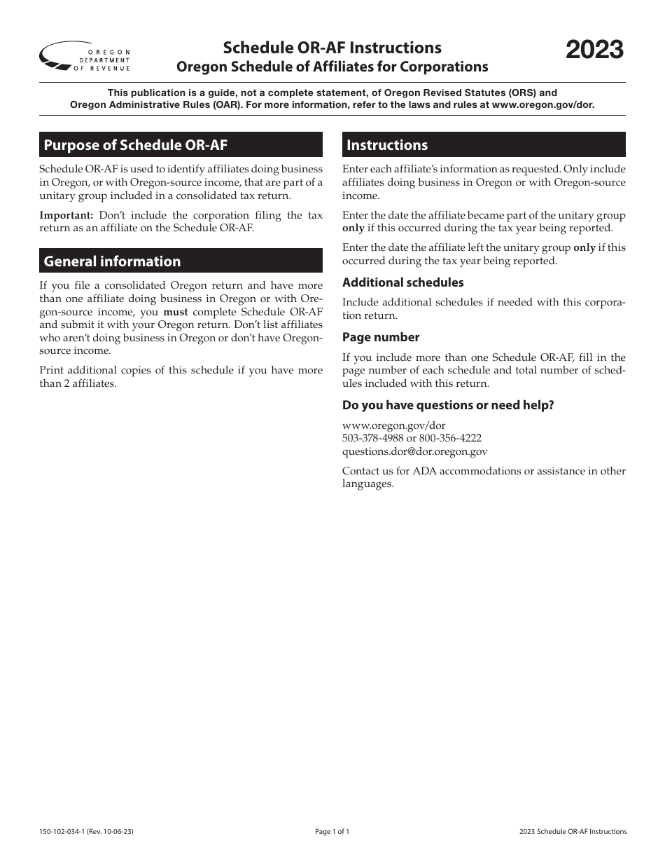 Download Instructions for Form 150-102-034 Schedule OR-AF Oregon ...
