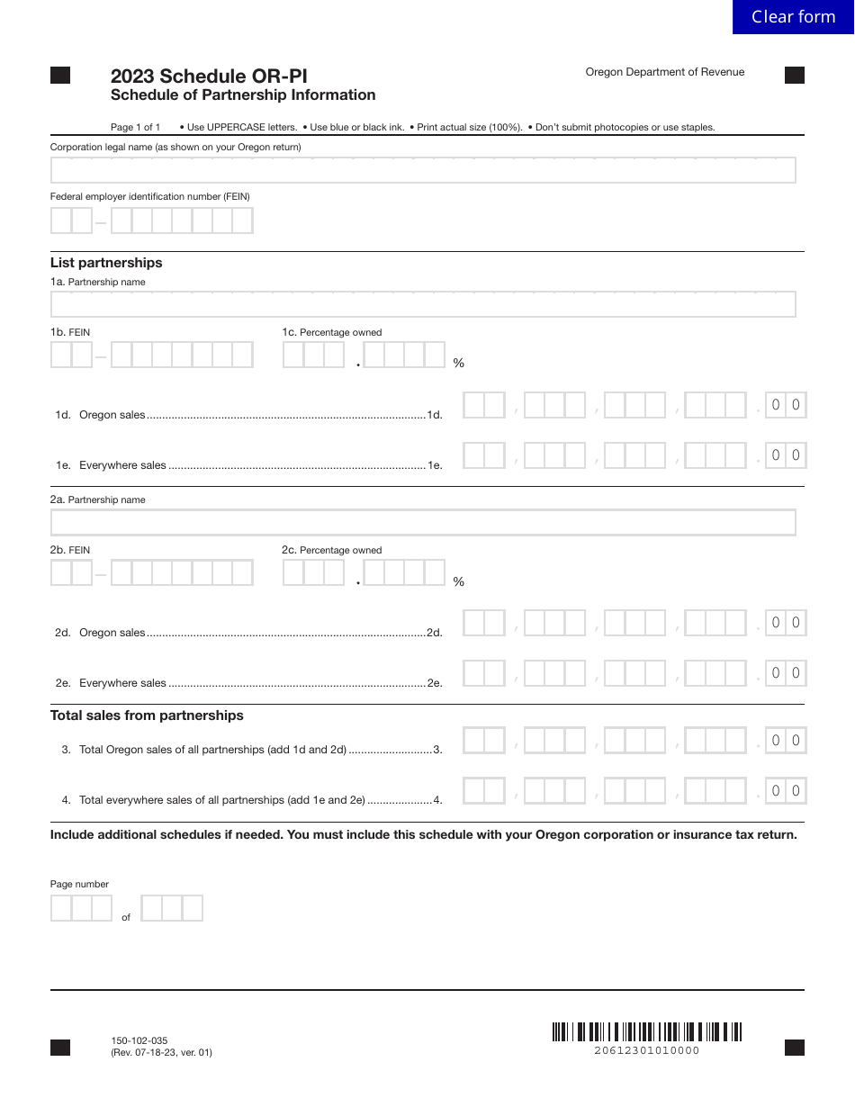 Form 150-102-035 Schedule OR-PI Download Fillable PDF or Fill Online Schedule of Partnership ...