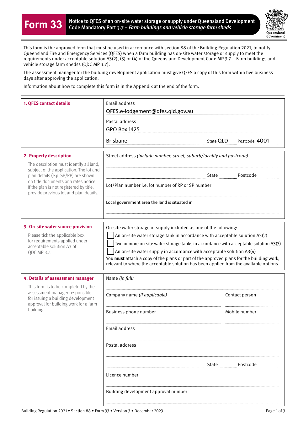 Form 33 Download Fillable PDF or Fill Online Notice to Qfes of an on ...