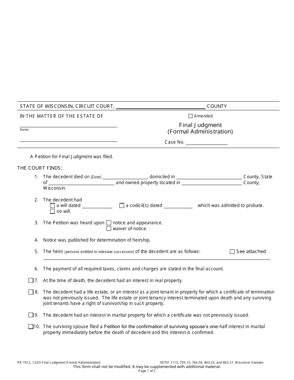 Form PR-1912 Download Printable PDF or Fill Online Final Judgment ...
