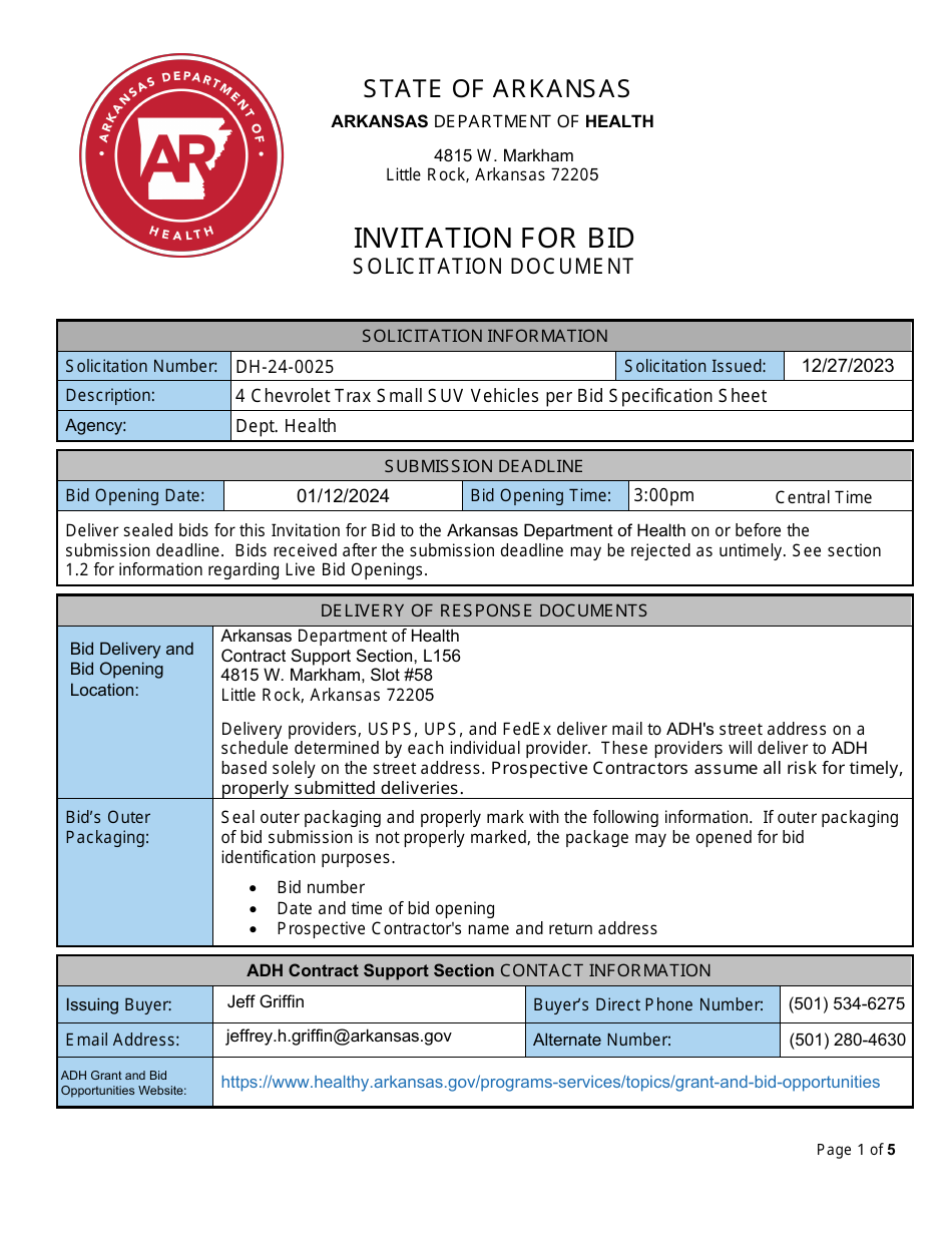 Form DH-24-0025 Download Fillable PDF or Fill Online Invitation for Bid - 4 Chevrolet Trax Small ...